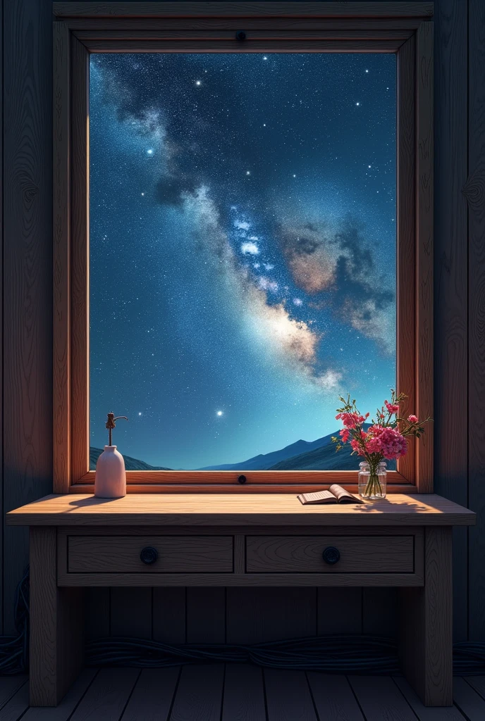 Make a beautiful background at the back of the window into space and on ...