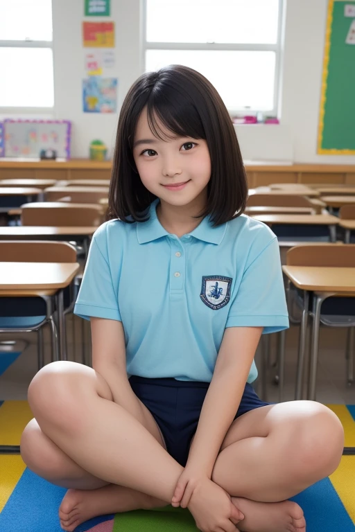 A chubby and cute 6-year-old Korean boy sitting cross-legged on a ...