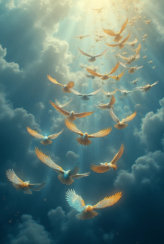 A flight of golden blue birds forming a sublime spectacle - SeaArt AI