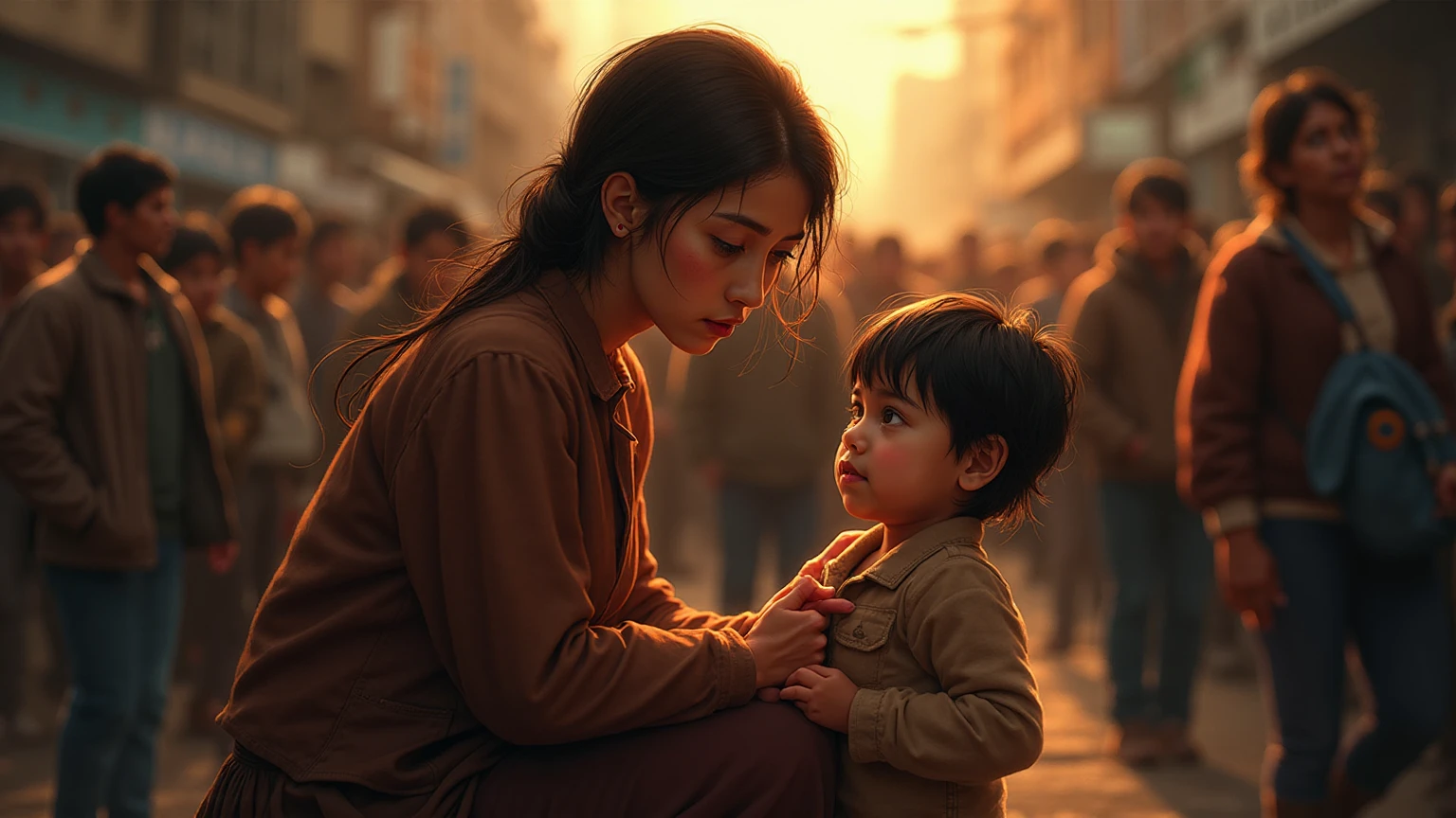 Portrait realistic photo. A young poor mother with tired eyes holding ...