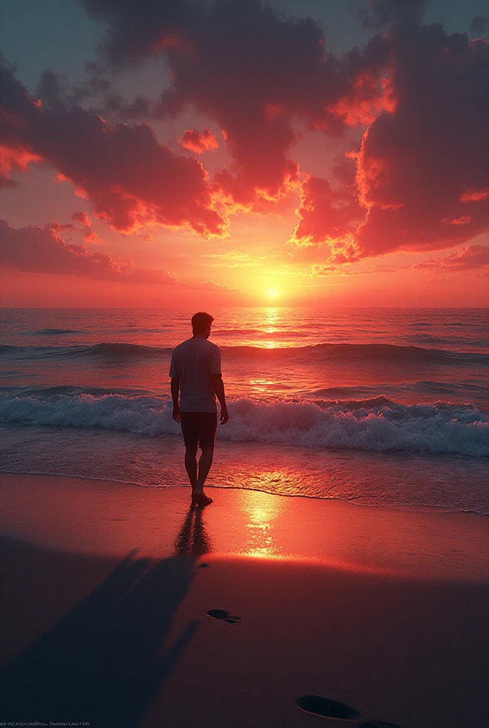 Man walking toward sunset on a beach at night - SeaArt AI