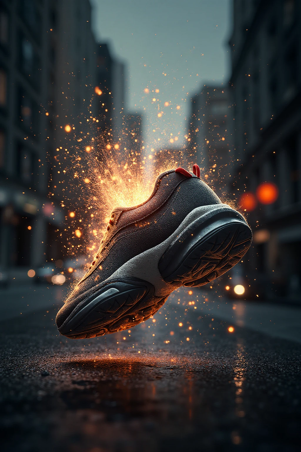 Advertising poster on a glossy surface, from which sports shoes break ...