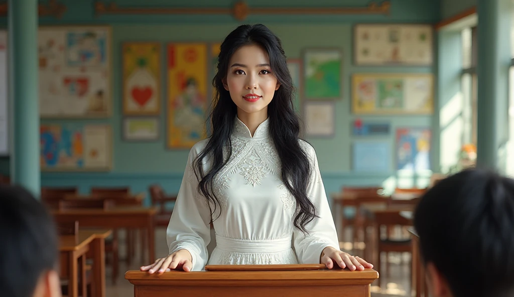 Image of a female teacher wearing a traditional white Vietnamese long ...