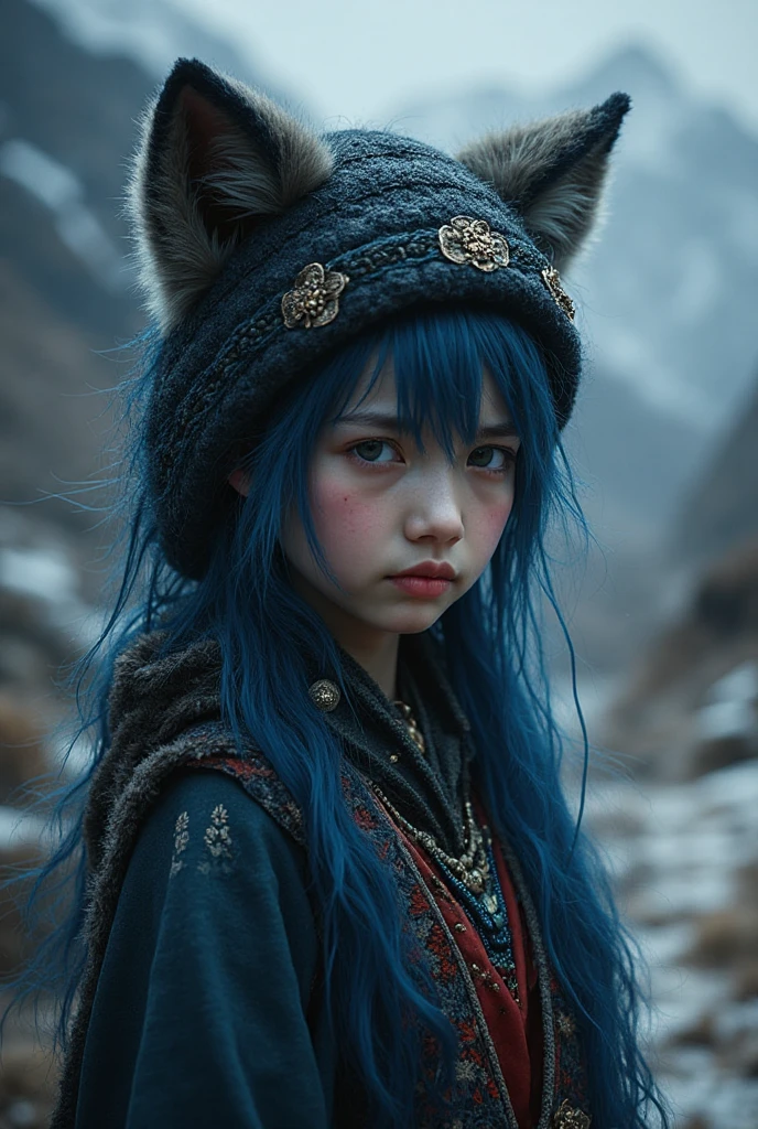 A wolf princess，Sad expression，messy blue hair，wearing a minority ...