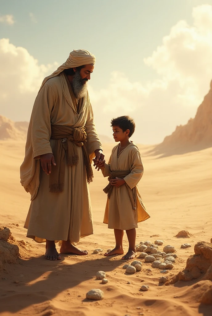 Prophet Ibrahim and Ismail collecting stones in the desert, working ...