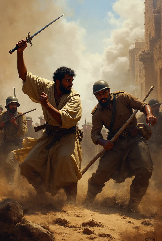 : An Egyptian peasant striking a French soldier with a sword - SeaArt AI