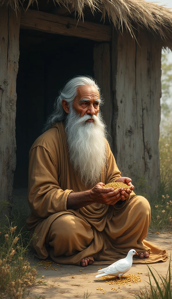 An elderly Baba Ji, with a white beard, sits in front of an old wooden ...