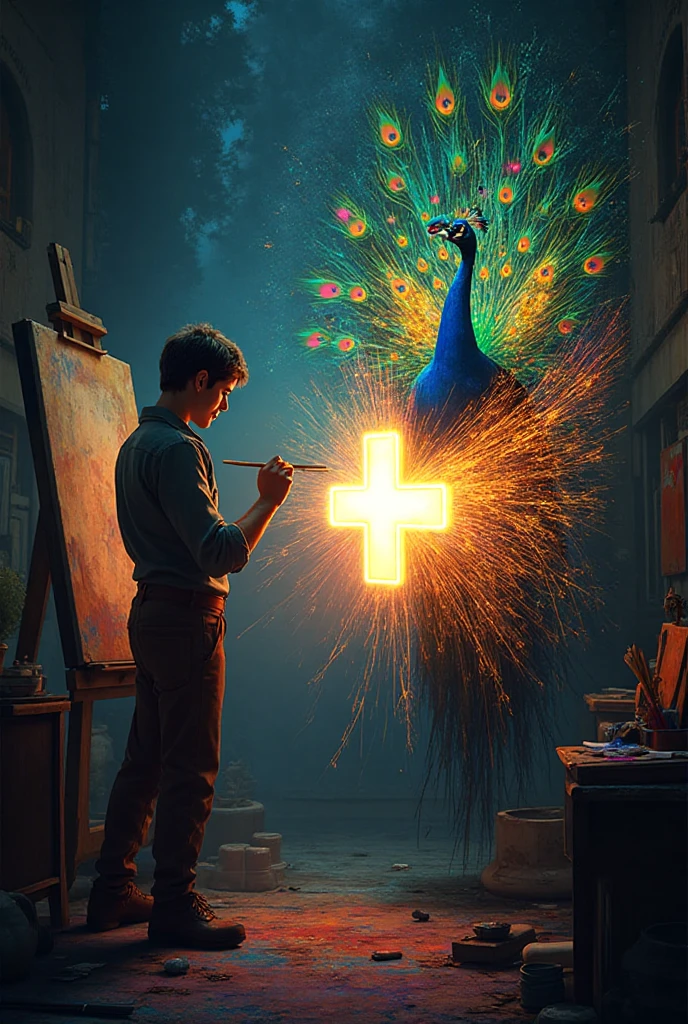 On the left side a painter actively painting on a canvas with a brush ...