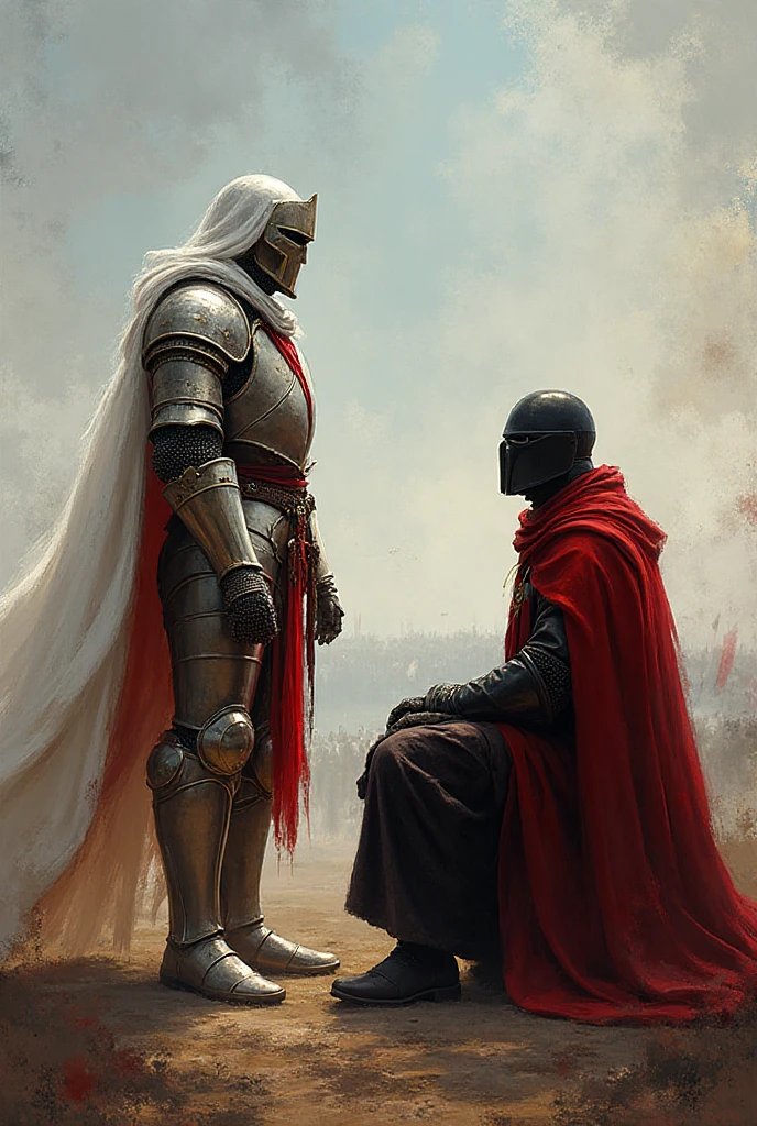 A knight wearing white and red against a knight wearing red and sitting ...