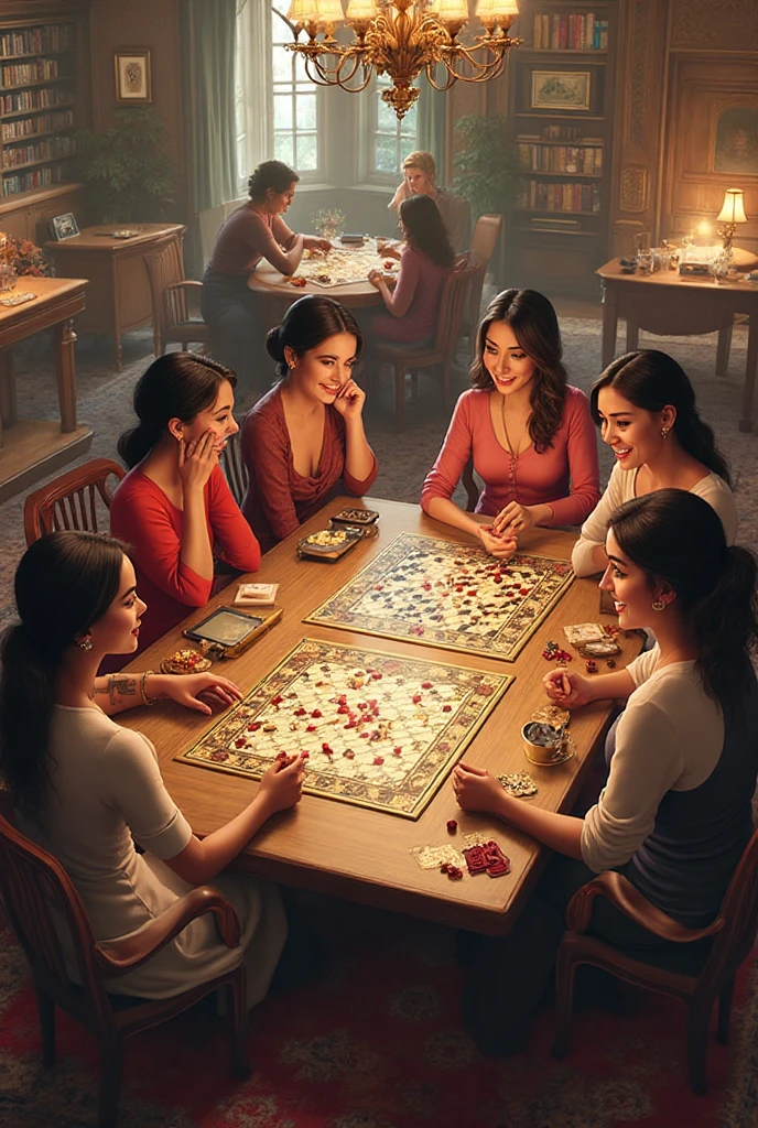 Women in a large room playing board and board games - SeaArt AI