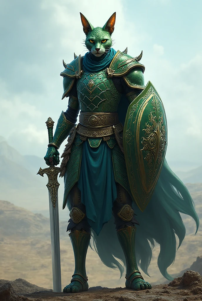 Tall slim male white skinned catfolk warrior in green and blue armor ...