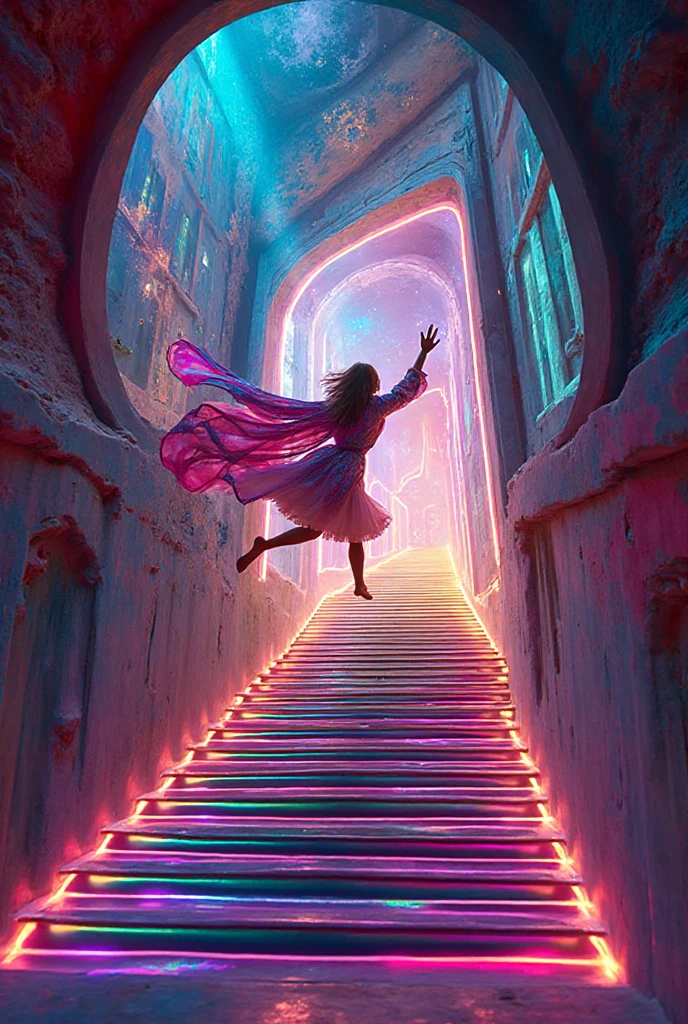 A dynamic photograph of a person taking a bold leap from a vibrantly ...