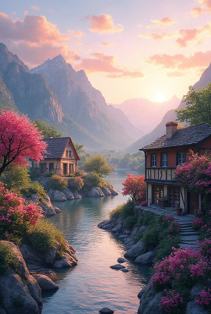 Small village by the river, mountains in the background, colorful pink ...