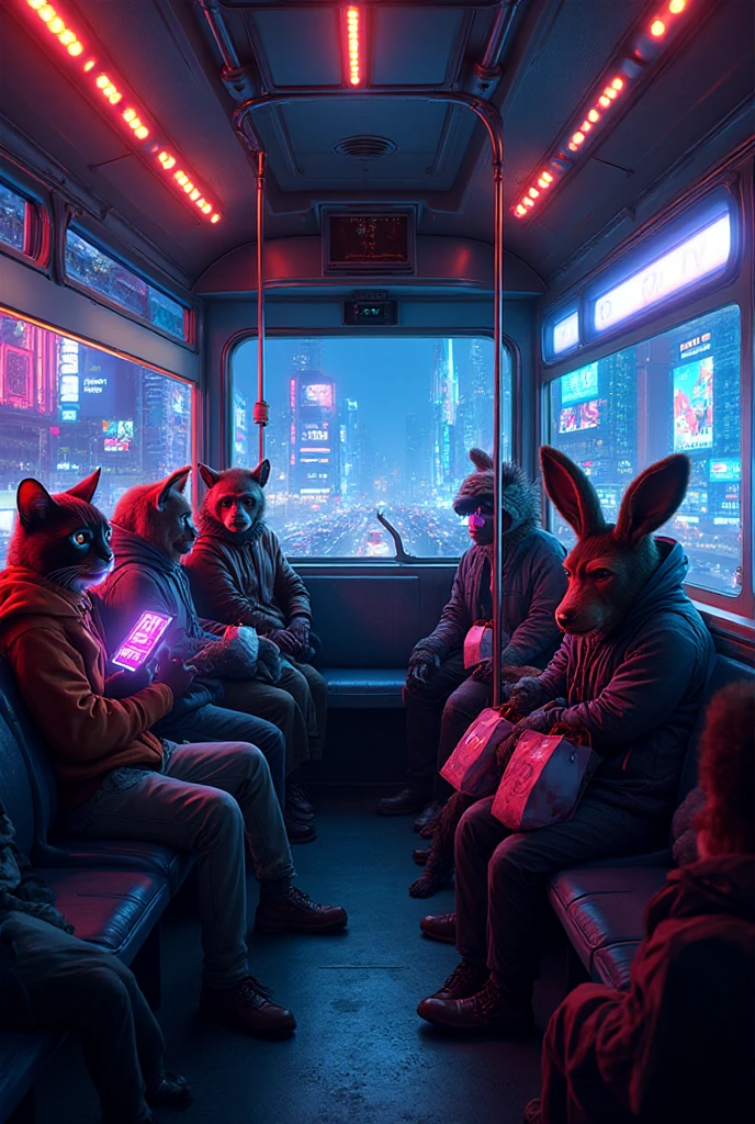 Futuristic city bus interior glowing with neon lights, filled with ...