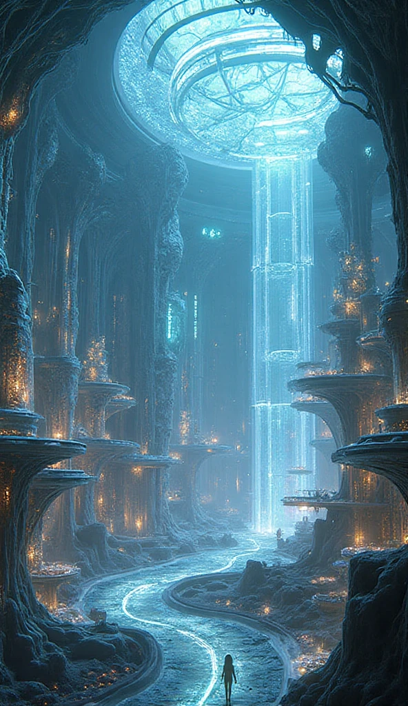 A breathtaking underground glass city with glowing structures and ...