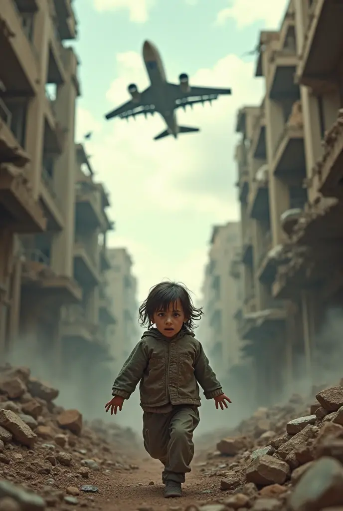 A majestic cinematic scene of a young homeless child in a bombed city ...