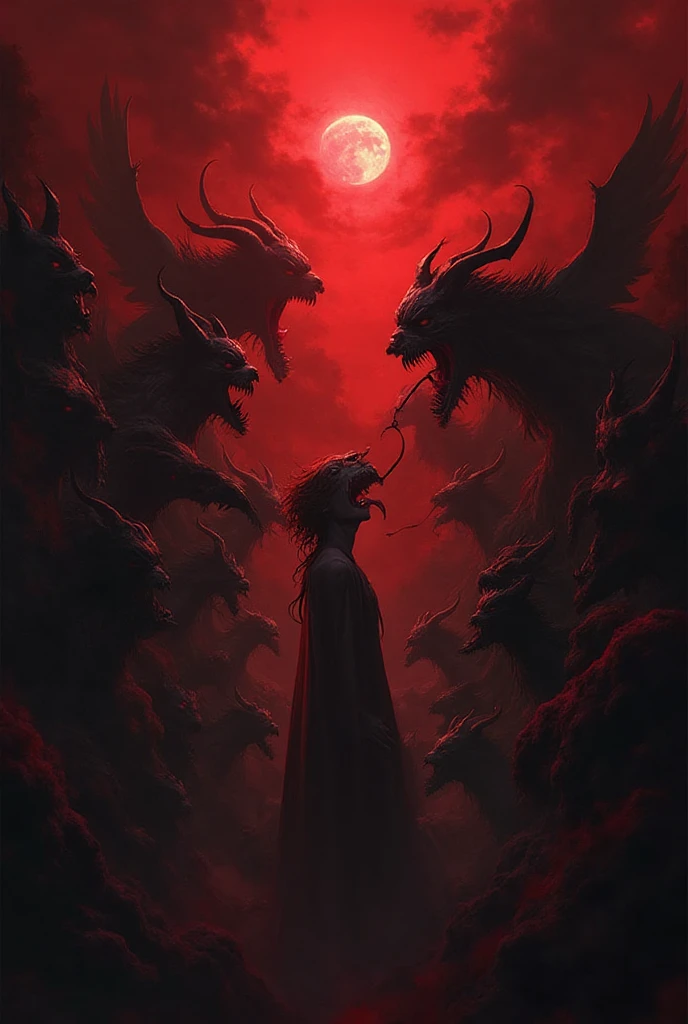 13 demons tearing off the tongue of an angel in the bloody sky - SeaArt AI