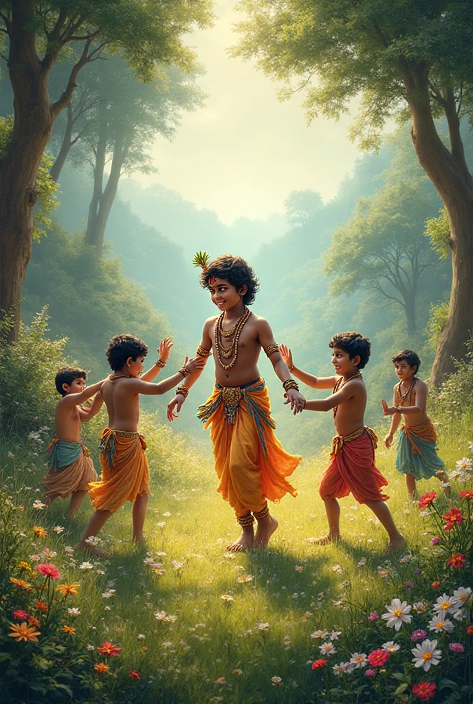 "Lord Krishna playing with his friends in Vrindavan - SeaArt AI