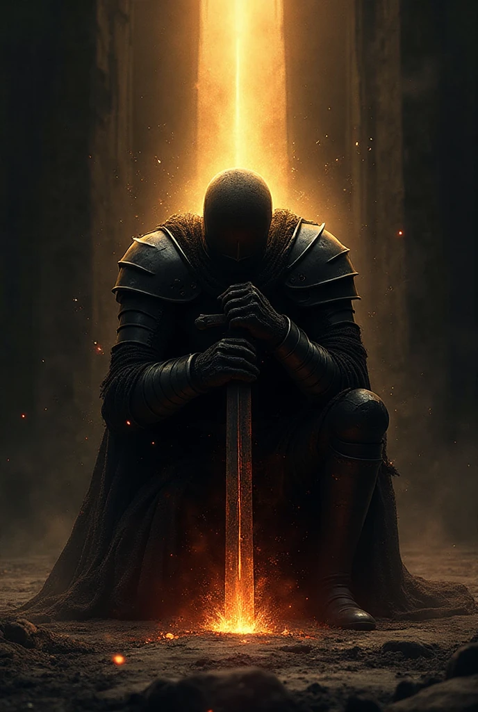 "A hyper-realistic digital illustration of a kneeling medieval knight ...