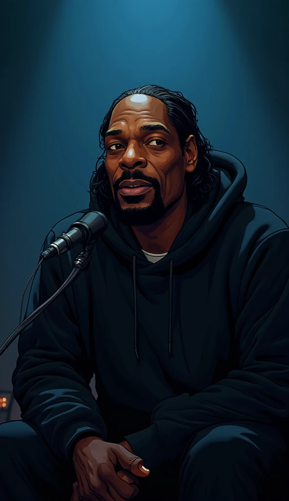 Snoop Dogg sitting in a dimly lit studio, speaking into a mic - SeaArt AI