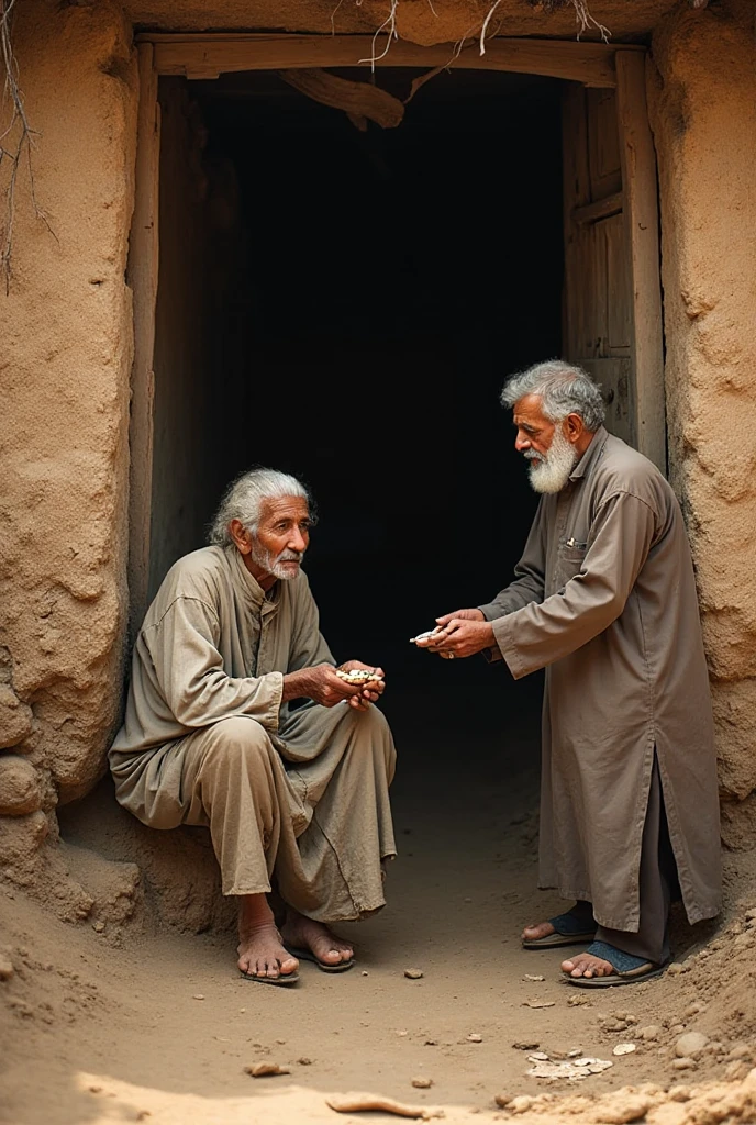 A poor old man sitting outside a broken mud hut (jhuggi/jhonpri - SeaArt AI