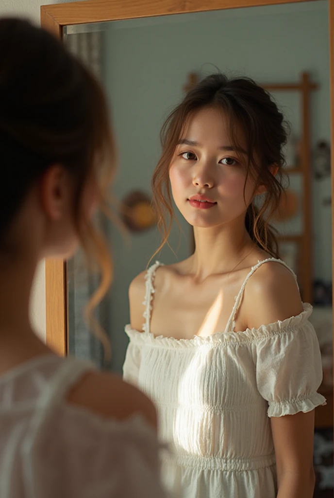 A pretty 16-year-old girl in front of a mirror taking a picture in her average r - SeaArt AI