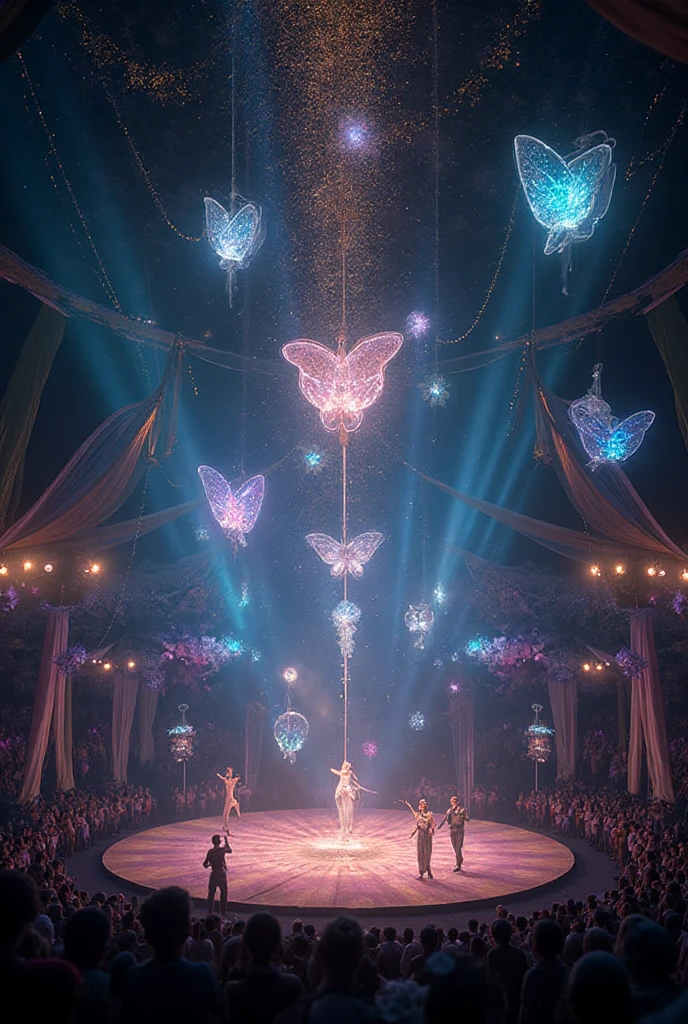 Enchanted twilight circus performance, ethereal acrobats with ...