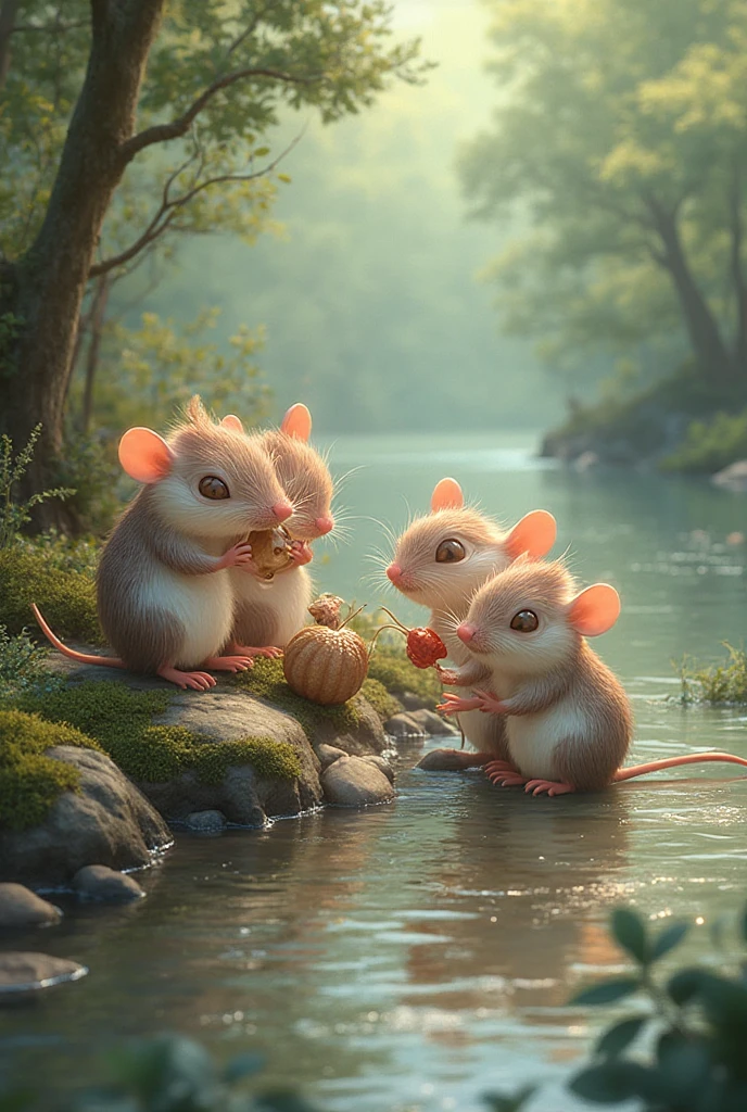 River scene, rats friends are helping each other. - SeaArt AI