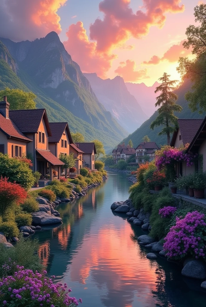 A small village by the river, mountains in the background, floral ...