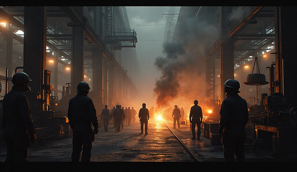 American factory with workers welding steel and operating heavy ...
