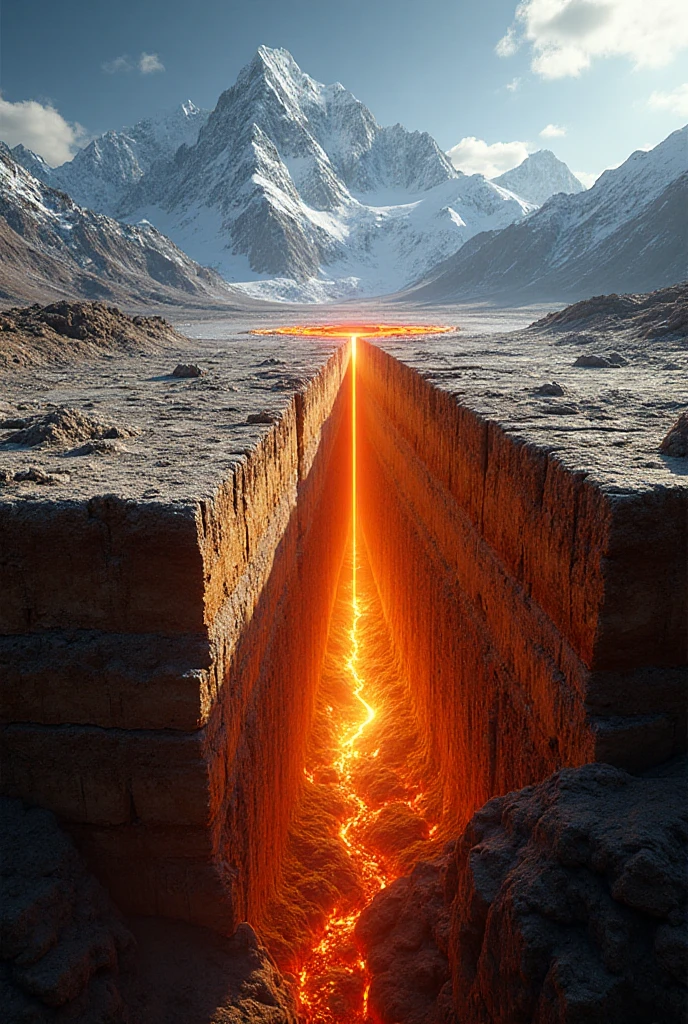 A hyperrealistic geological cross-section showing the dramatic ...