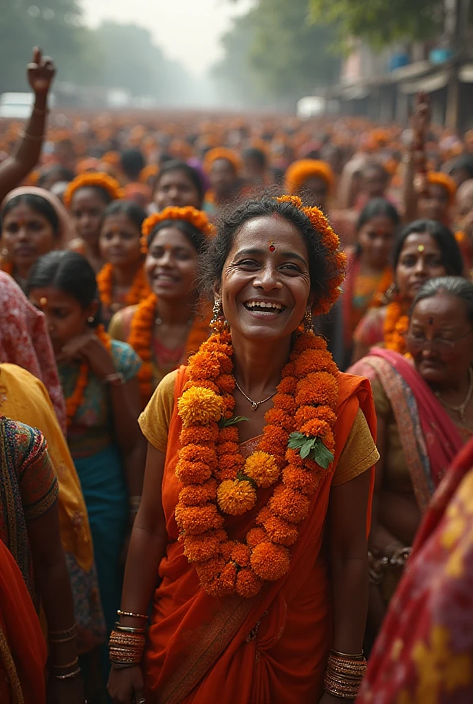 A large crowd of Indian villagers, wearing colorful traditional clothes ...