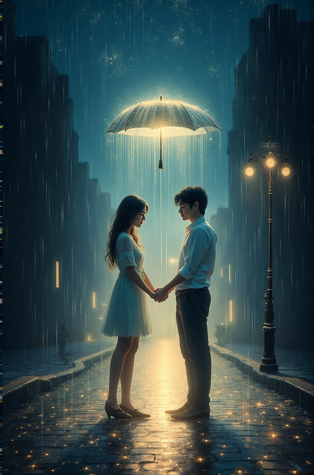 Meeting under a starry rain in a surreal night, two souls cross under a ...