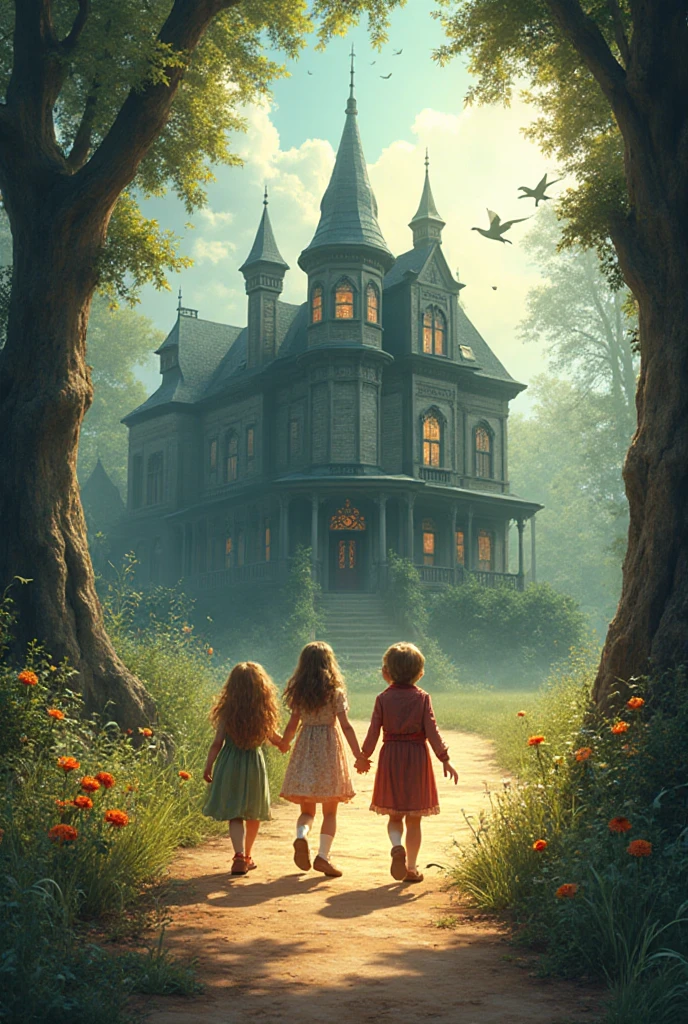 The children walking happily out of the haunted mansion in daylight ...