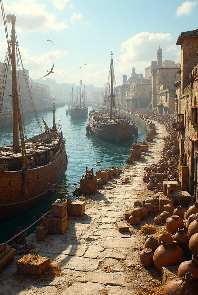 An ancient Roman port city during the day: the waterfront is crowded ...