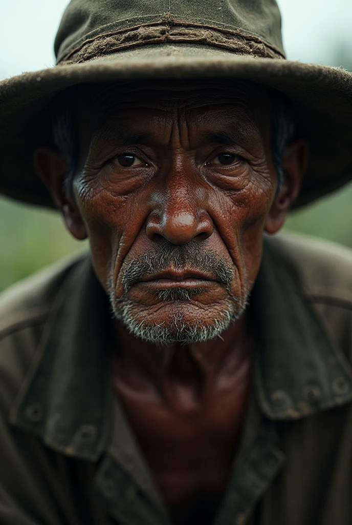 A man famer who is sad and tired looking straight at the front - SeaArt AI