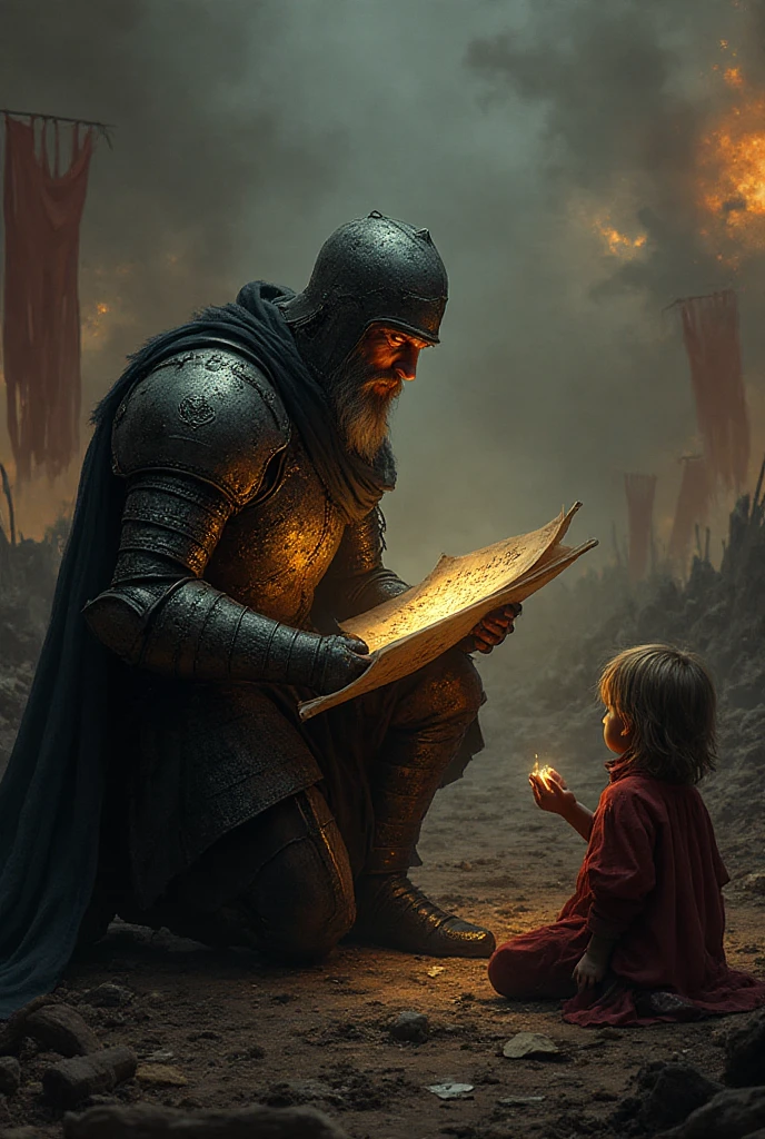 A battle-hardened knight in full armor, scarred and weary, kneels on ...