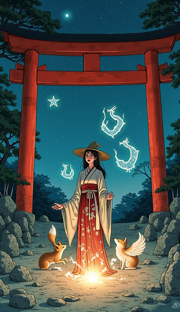 A dramatic torii. A calm witch in a red and white yukata performs a ...