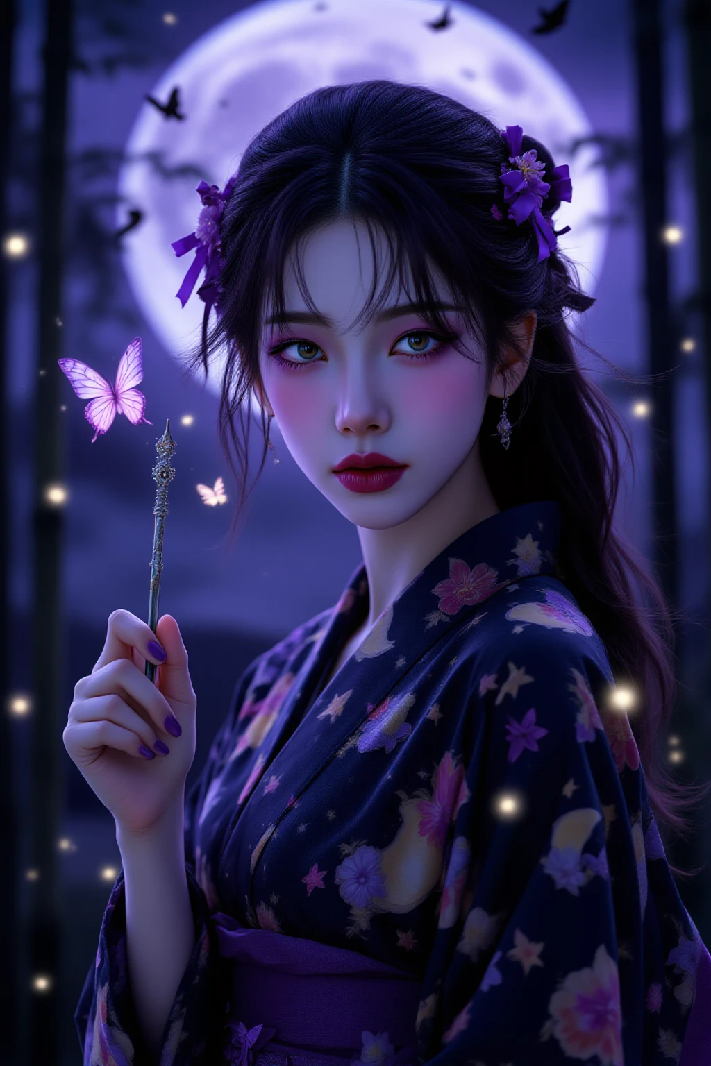Mysterious Young Woman, Dark Purple and Black Kimono Patterned Yukata ...