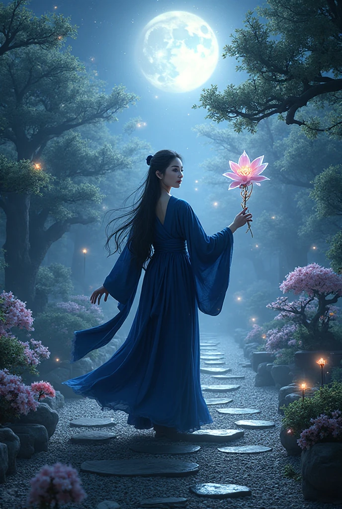 In a moonlit Zen garden, the witch in a midnight-blue yukata makes ...