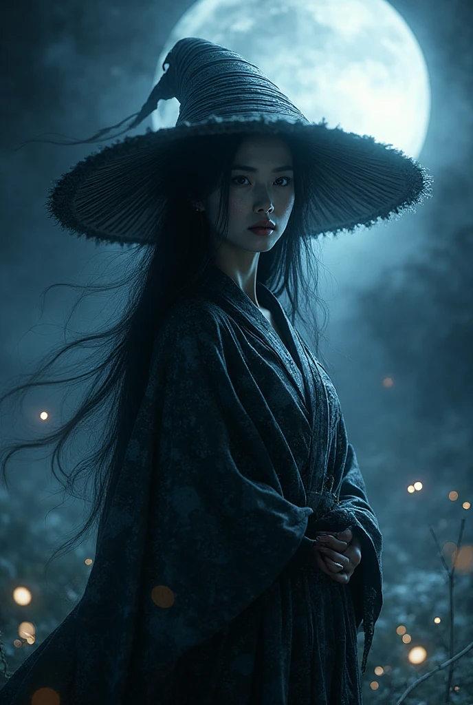 A mysterious Yukuta witch standing under a full moon, wearing a ...