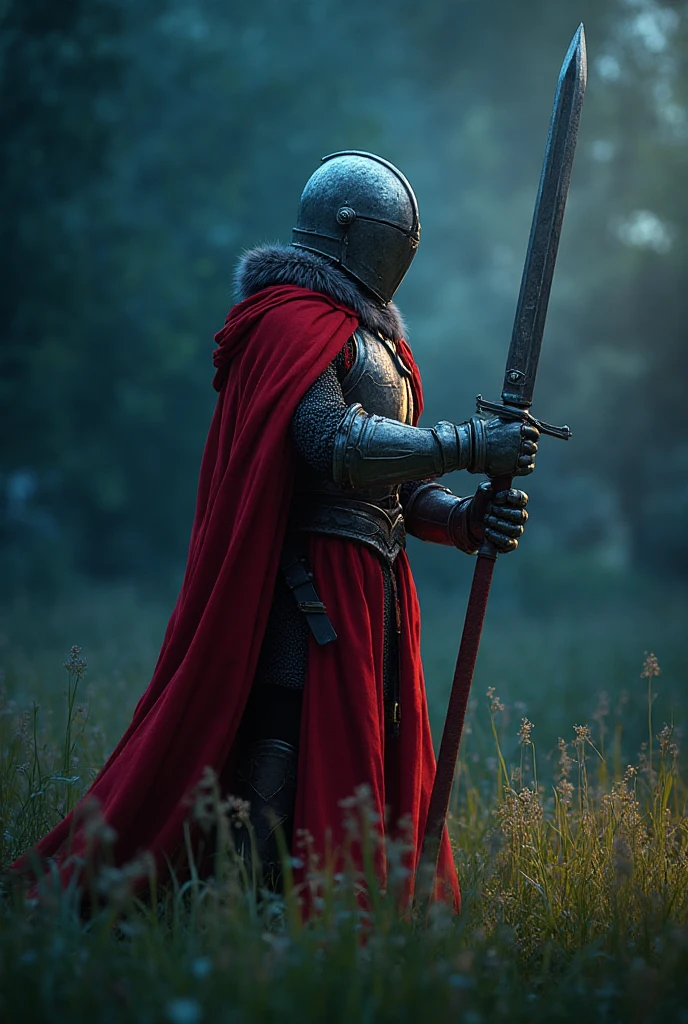 A knight in a red robe on a green grass at night, the knight in his ...