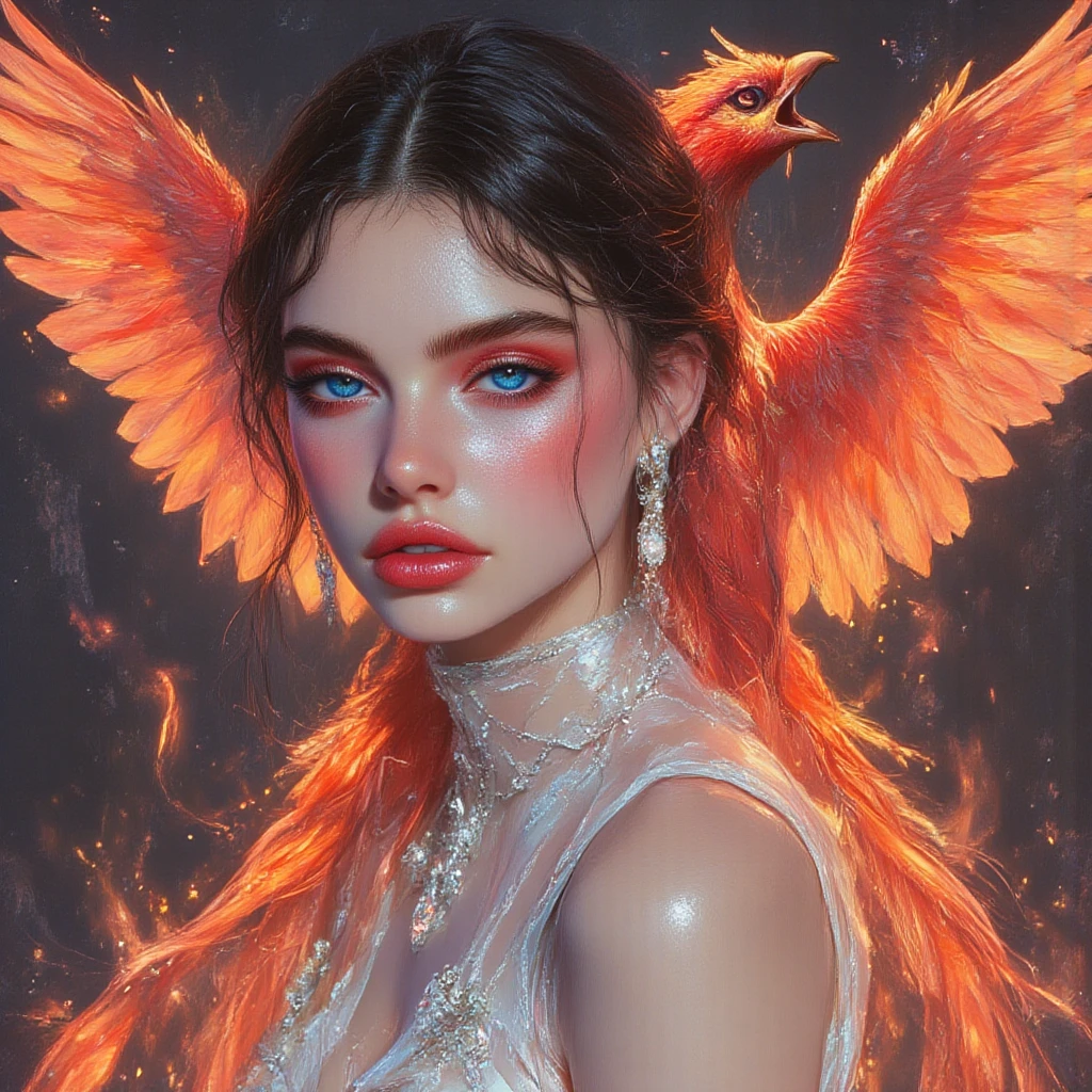 Realistic oil portrait . A young beauty woman fascinating with a ...