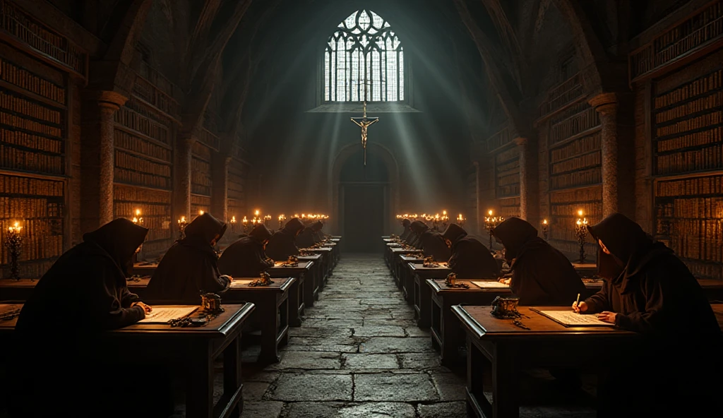 A dimly lit medieval monastery interior, rows of wooden desks with ...