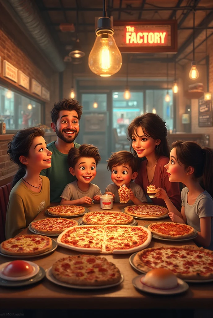 Family of 5 eating pizzas and hamburgers in a pizzeria called the ...