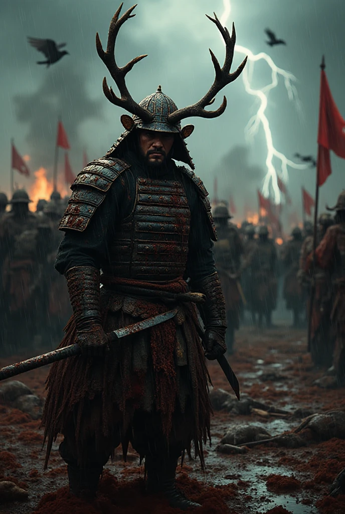 Samurai wounded and exhausted in the middle of a muddy battlefield ...