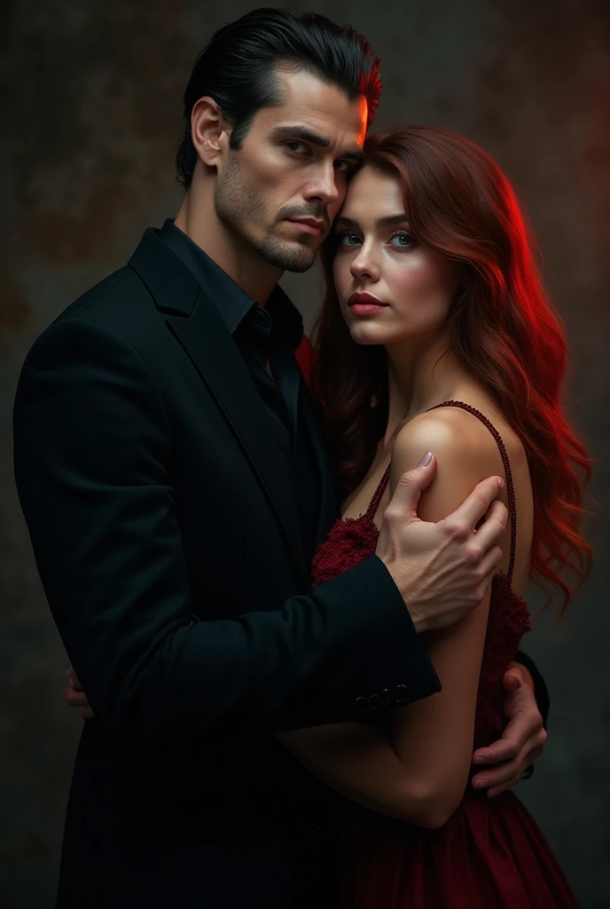 A vampire and a human woman as a couple. The vampire should be handsome ...