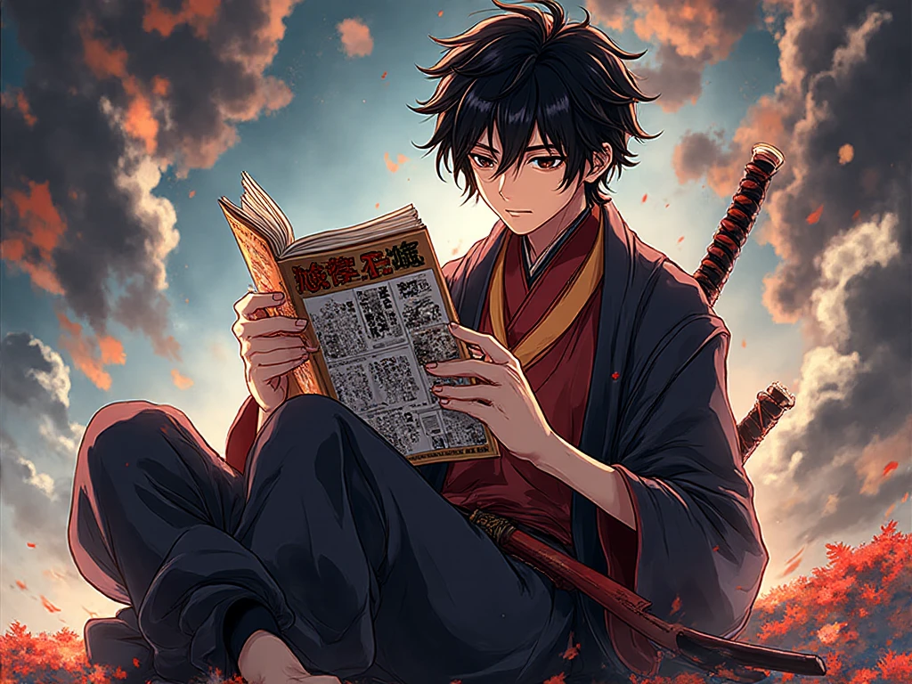 A young man sitting reading a manga, wearing traditional samurai ...