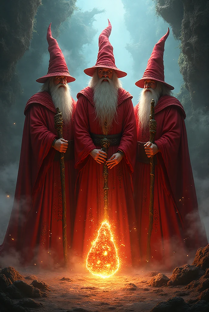 3 Wizards wearing red fire hat and red robe with wooden staff and magic ...