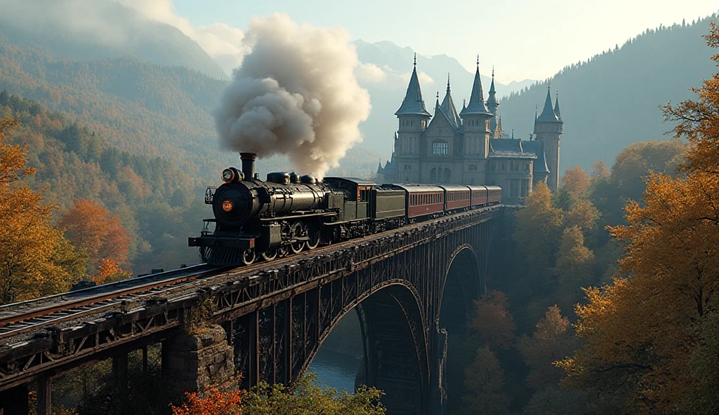 Railway bridge. 19th century steam locomotive. smoke from the chimney ...